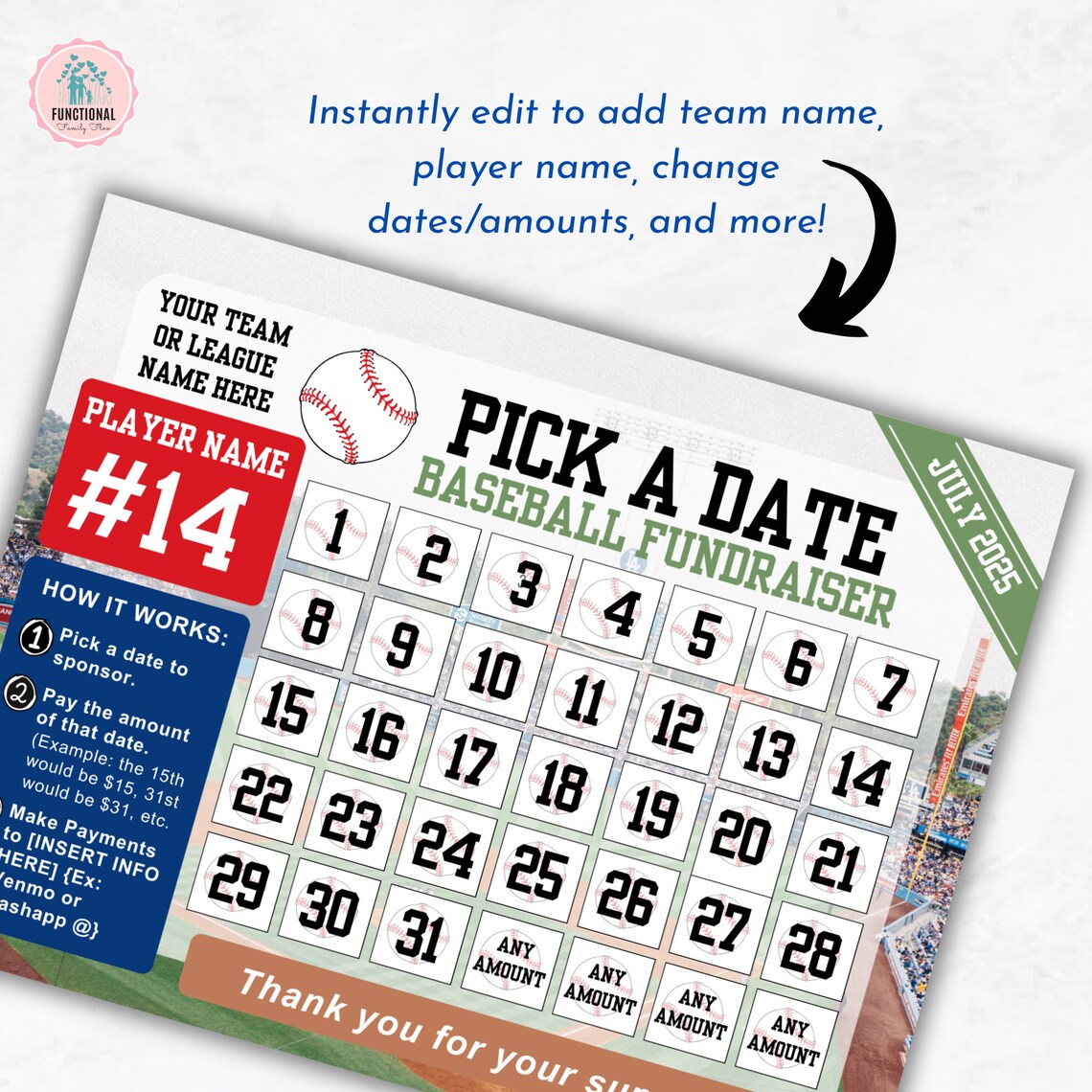 Baseball Calendar Fundraiser Template | Editable Pick A Date Fundraiser ...