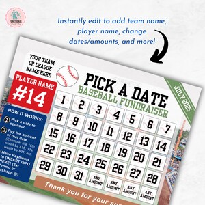 Baseball Calendar Fundraiser Template | Editable Pick A Date Fundraiser ...