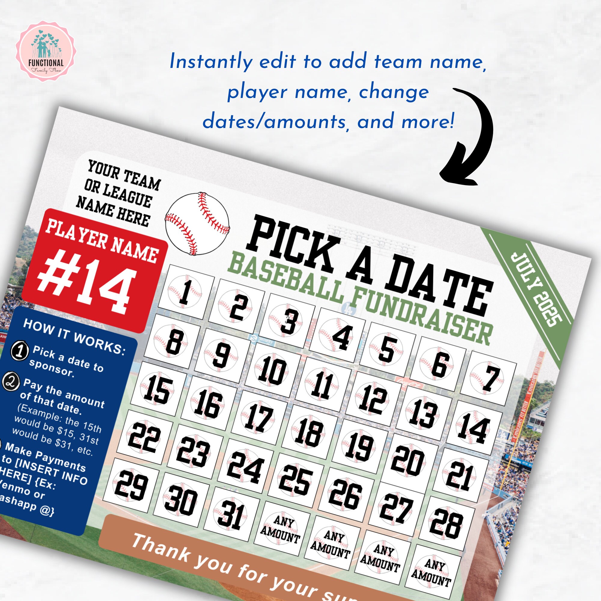 Baseball Calendar Fundraiser Template | Editable Pick A Date Fundraiser ...