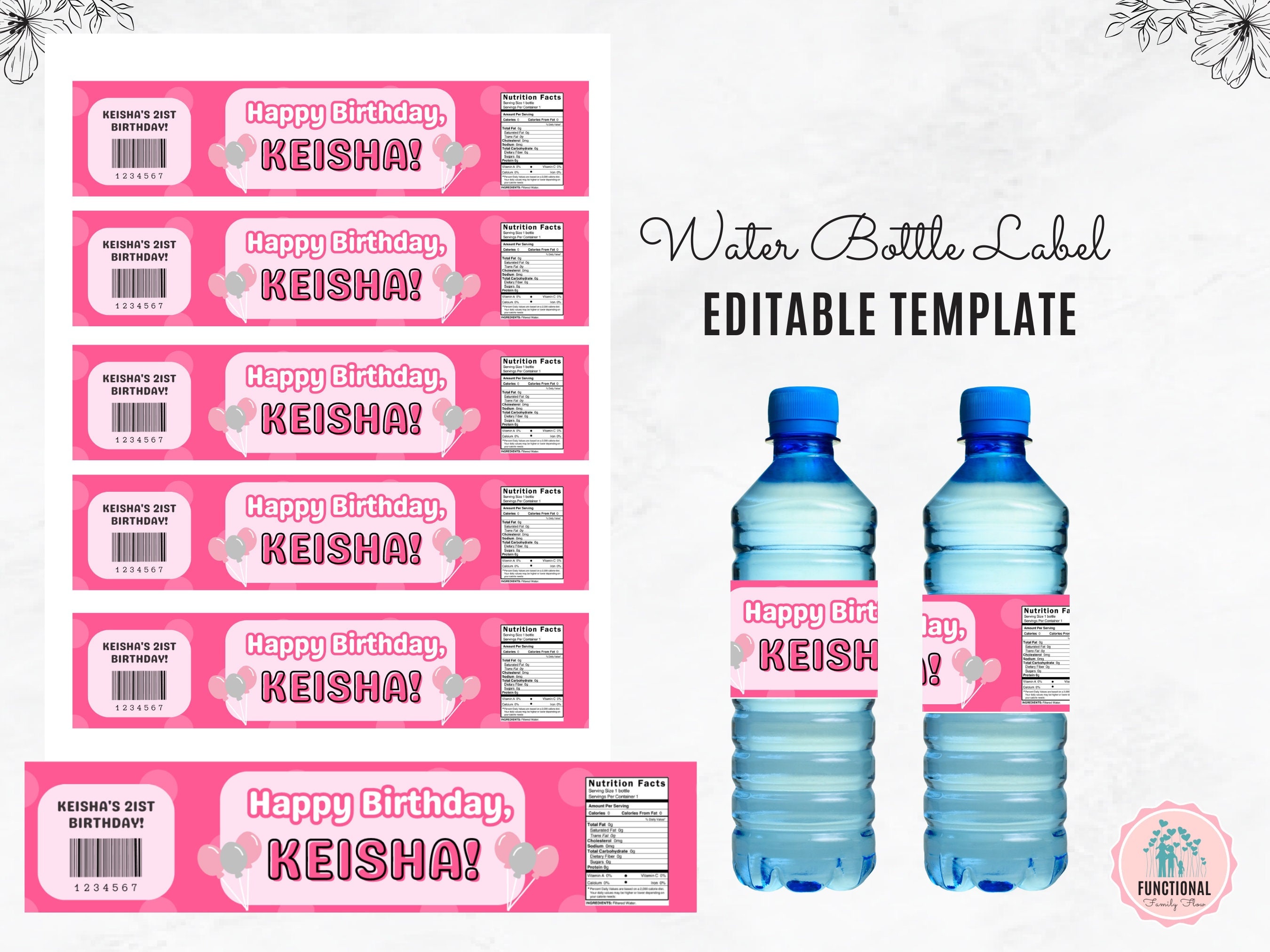 Birthday Water Bottle Label Template | Editable Water Bottle Labels ...