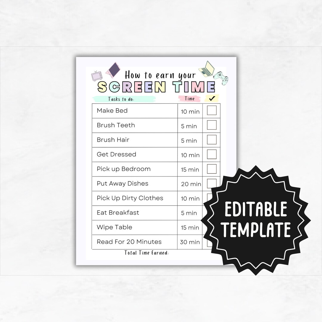 Screen Time Checklist | Editable Screen Time Tracker | How to Earn ...