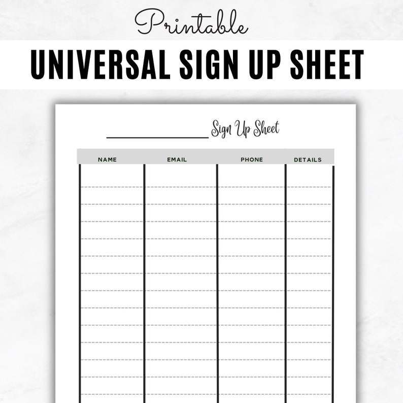 Printable Sign up Sheet PDF Sign up Template Contact Sheet - Etsy