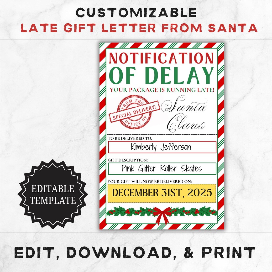 Notification of Delay Christmas Gift Letter | Editable Late Christmas ...