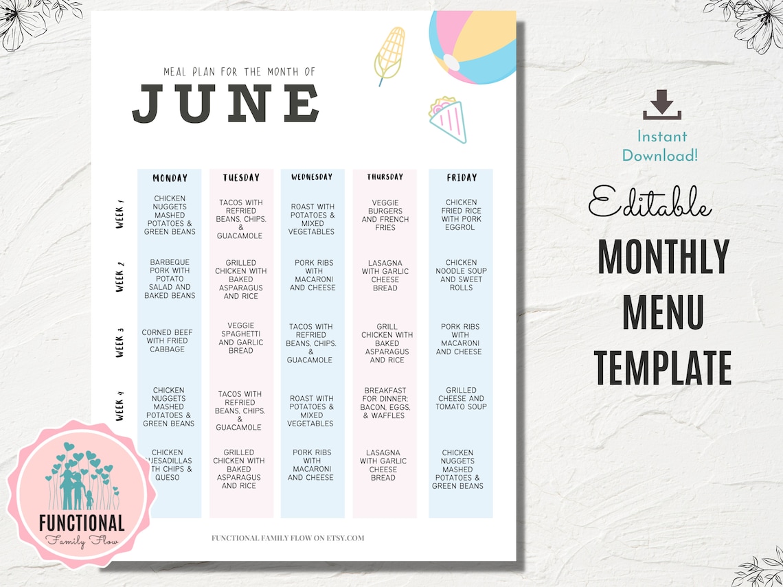 Meal Plan Template Editable Monthly Menu Template Monthly - Etsy