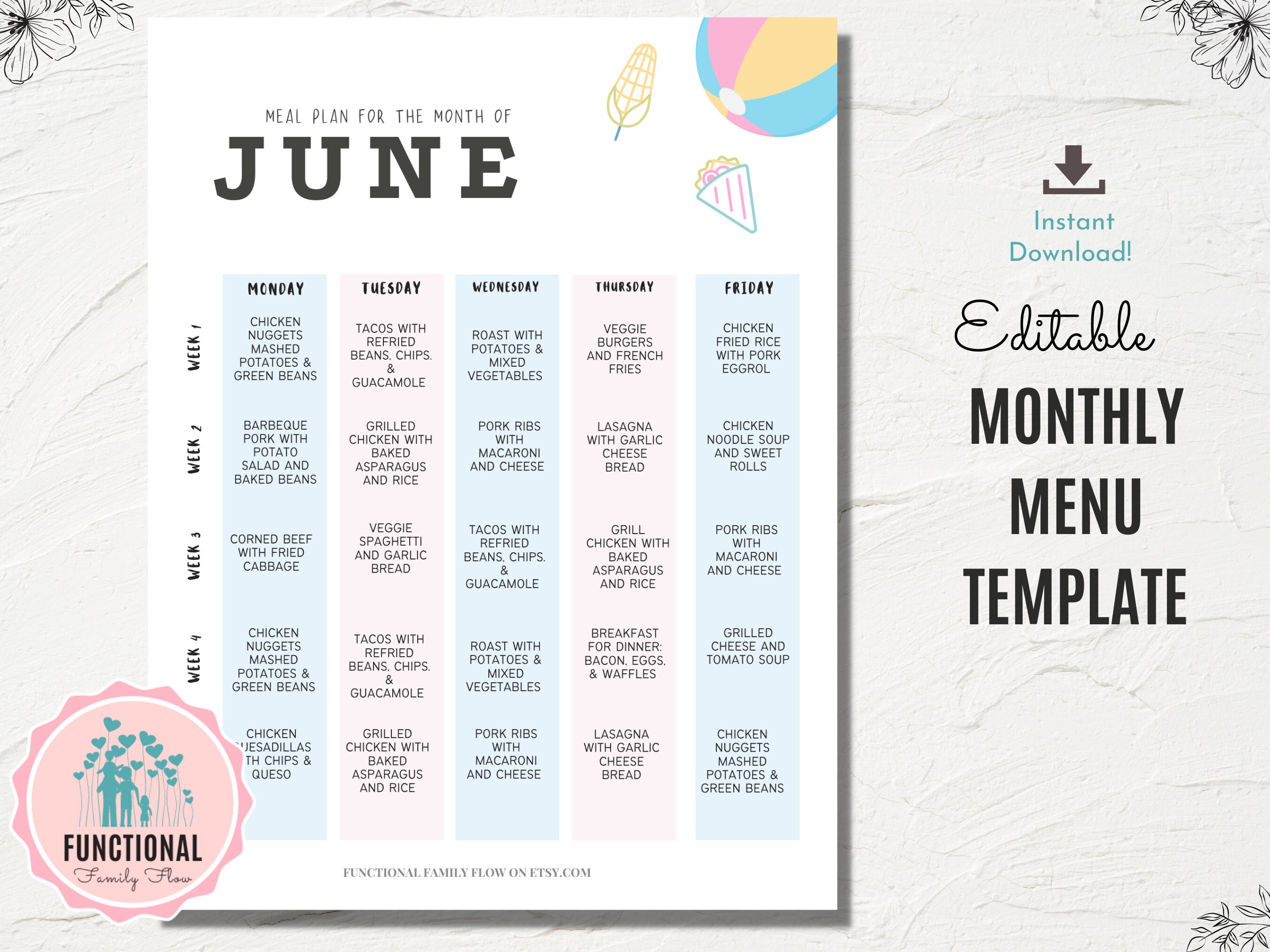 Meal Plan Template Editable Monthly Menu Template Monthly - Etsy