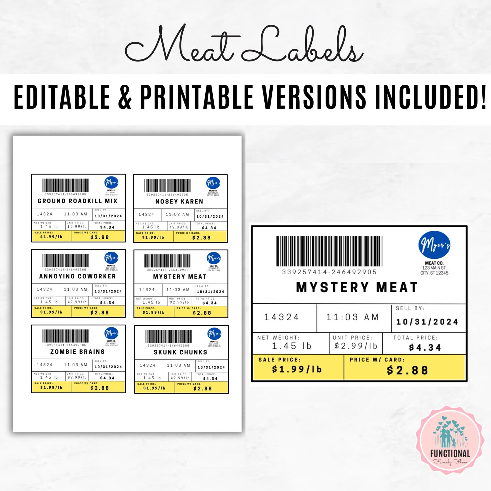 Fake Meat Label Template | Editable Road Kill Butcher Labels | Funny ...