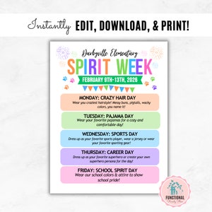 School Spirit Week Flyer Template | Editable Spirit Week Itinerary ...