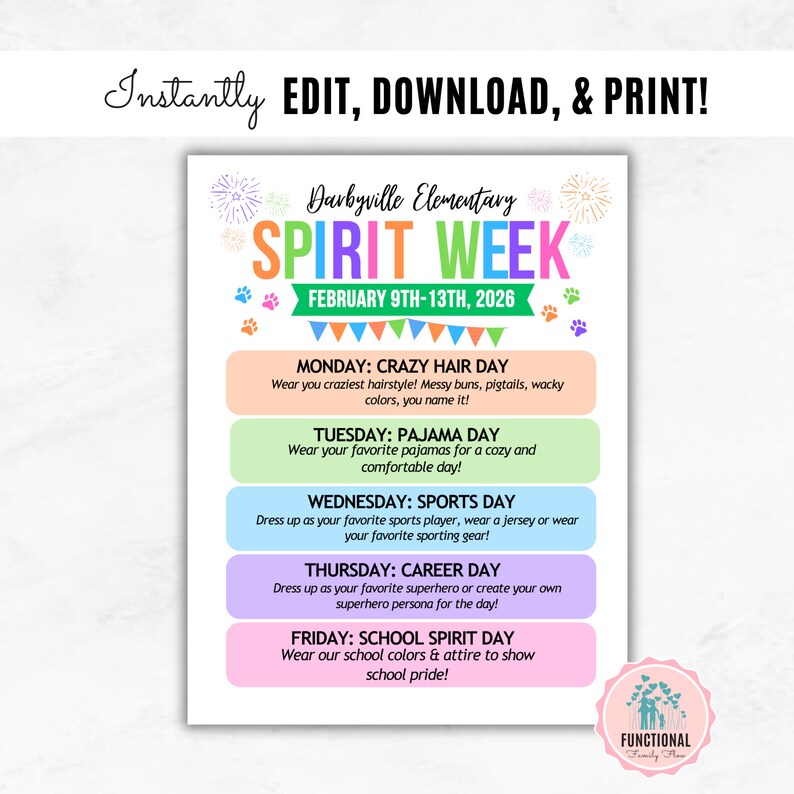 School Spirit Week Flyer Template | Editable Spirit Week Itinerary ...