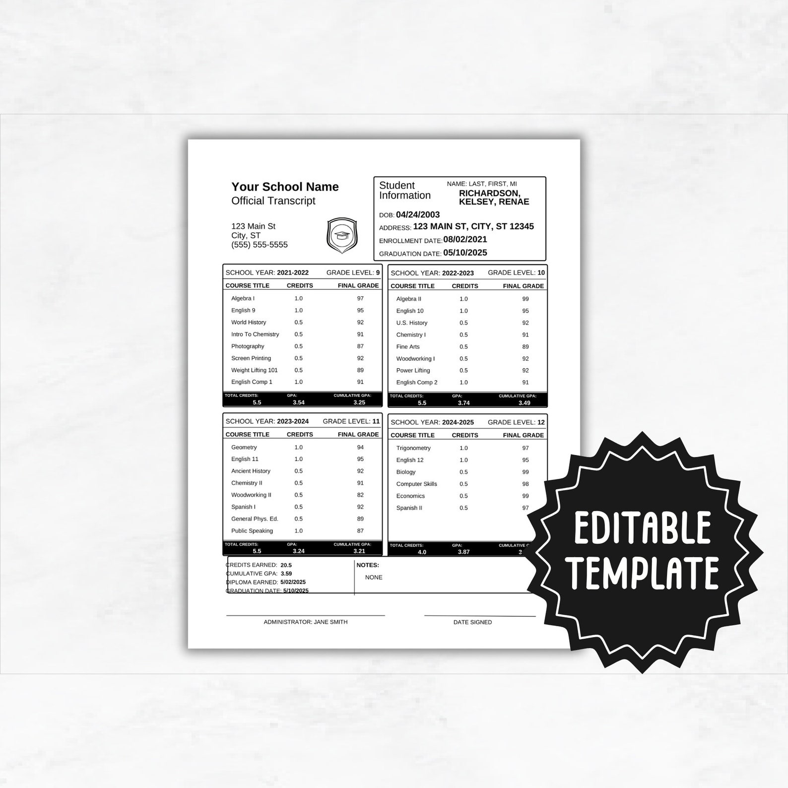 High School Transcript Template | Editable Homeschool Transcript ...