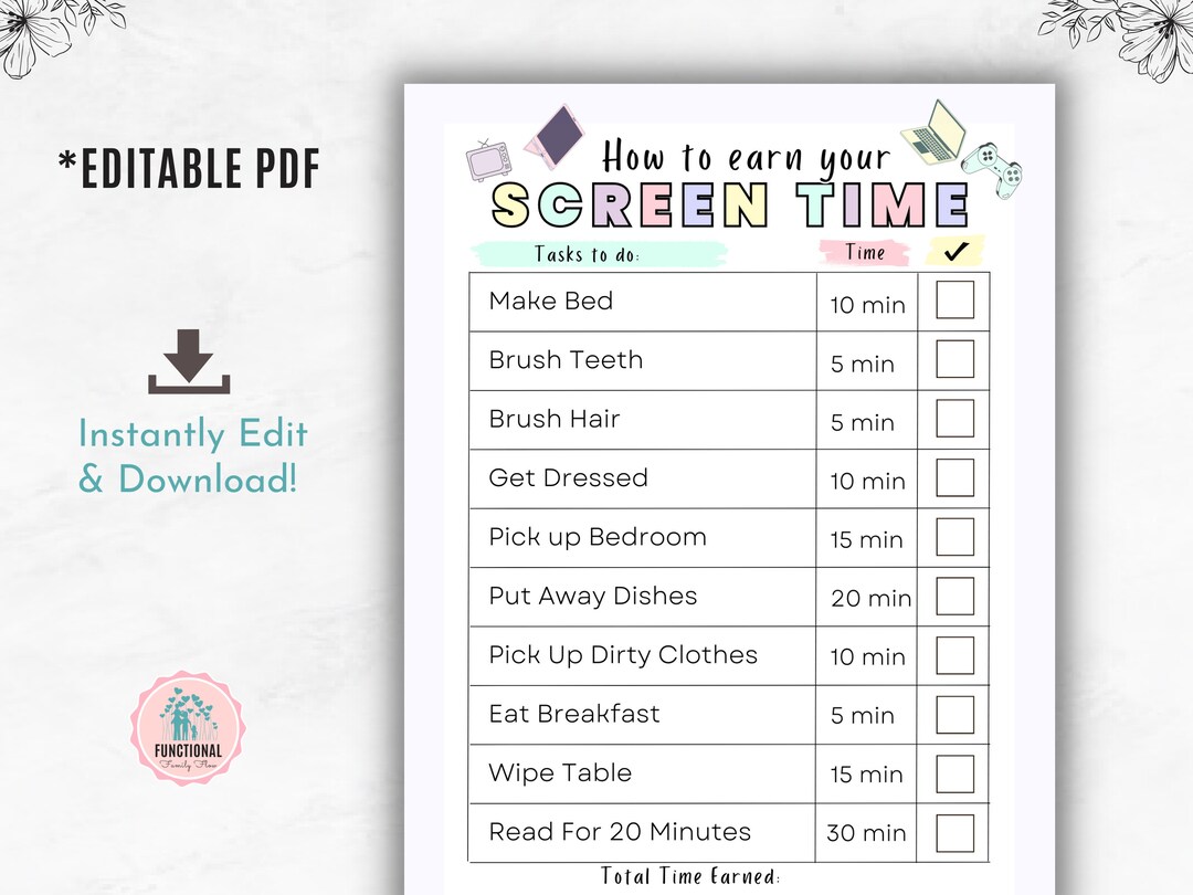 Screen Time Checklist Editable Screen Time Tracker How to - Etsy
