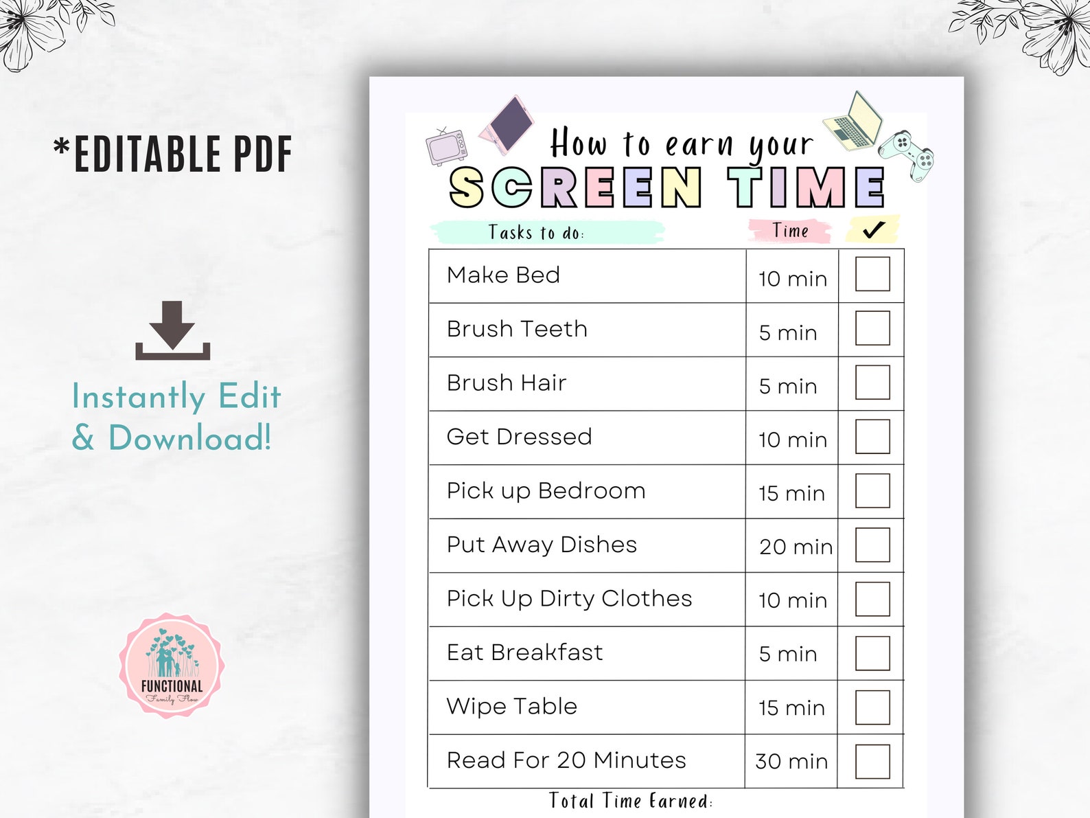 Screen Time Checklist | Editable Screen Time Tracker | How to Earn ...