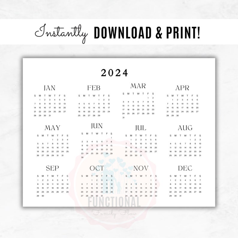 2024 Yearly Calendar Printable Wall Calendar Horizontal Year at A ...