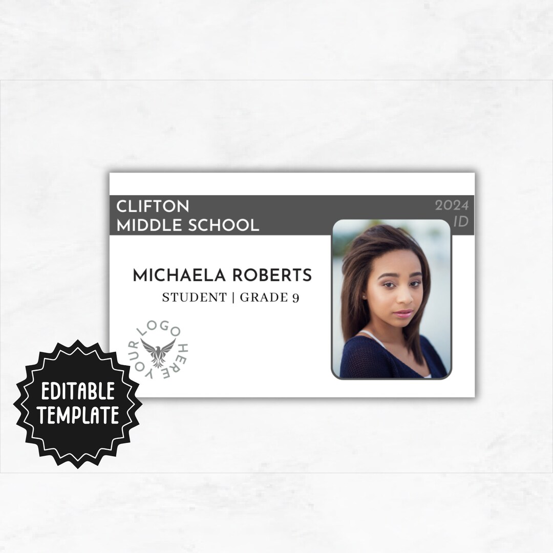 ID Card Template | Horizontal Custom ID Badge | Printable Student ID ...