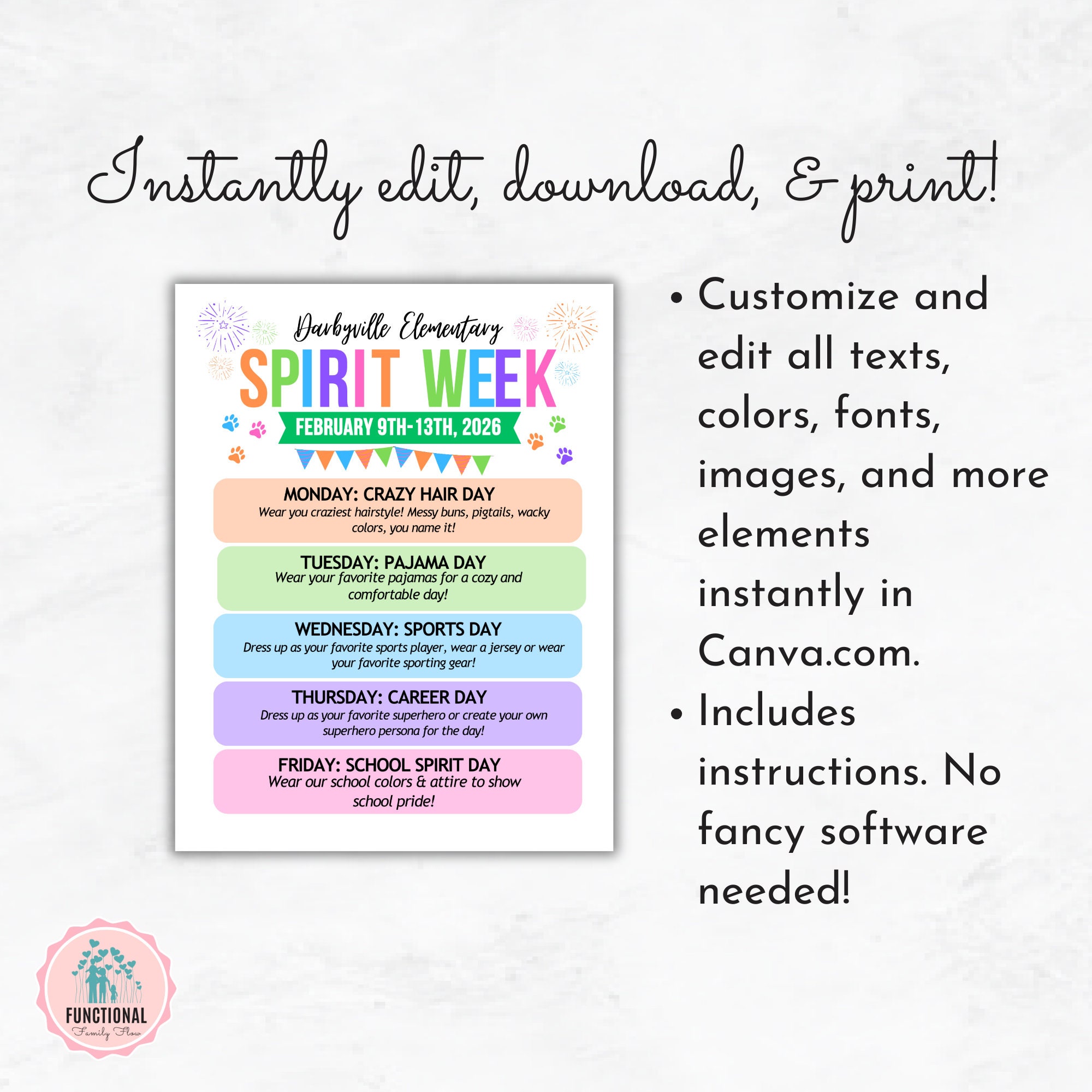 School Spirit Week Flyer Template | Editable Spirit Week Itinerary ...