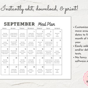 Monthly Meal Planner Template | Editable Monthly Menu | DIY Meal Plan ...