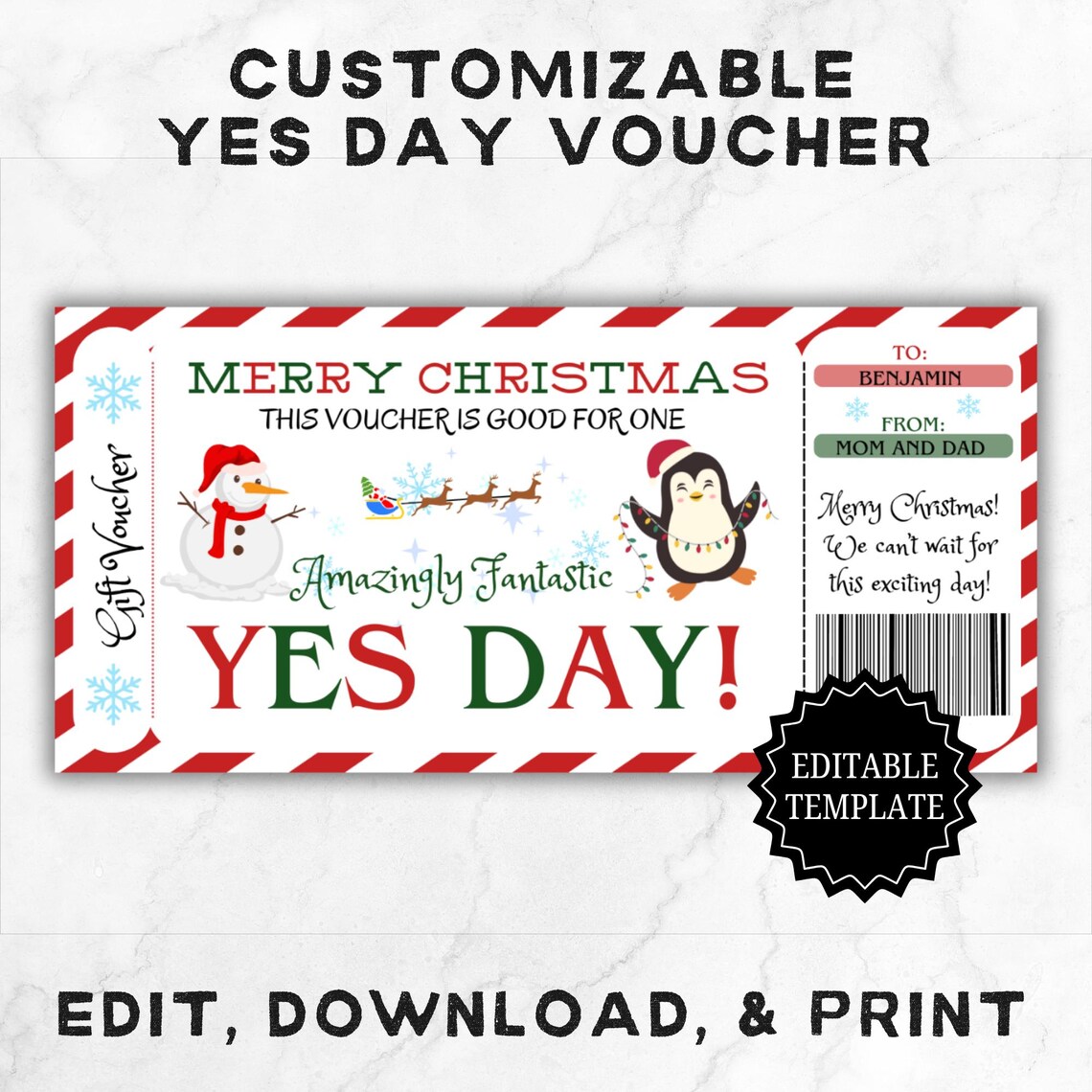 Christmas Yes Day Ticket Voucher Template | Editable Yes Day Coupon ...