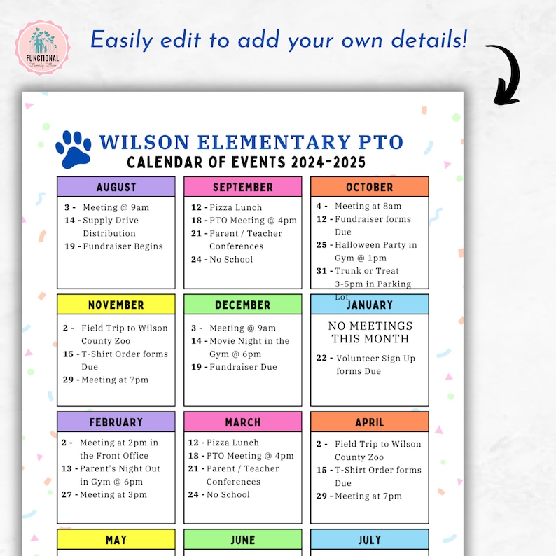 PTO Yearly Calendar Template | Editable PTA Calendar of Events ...