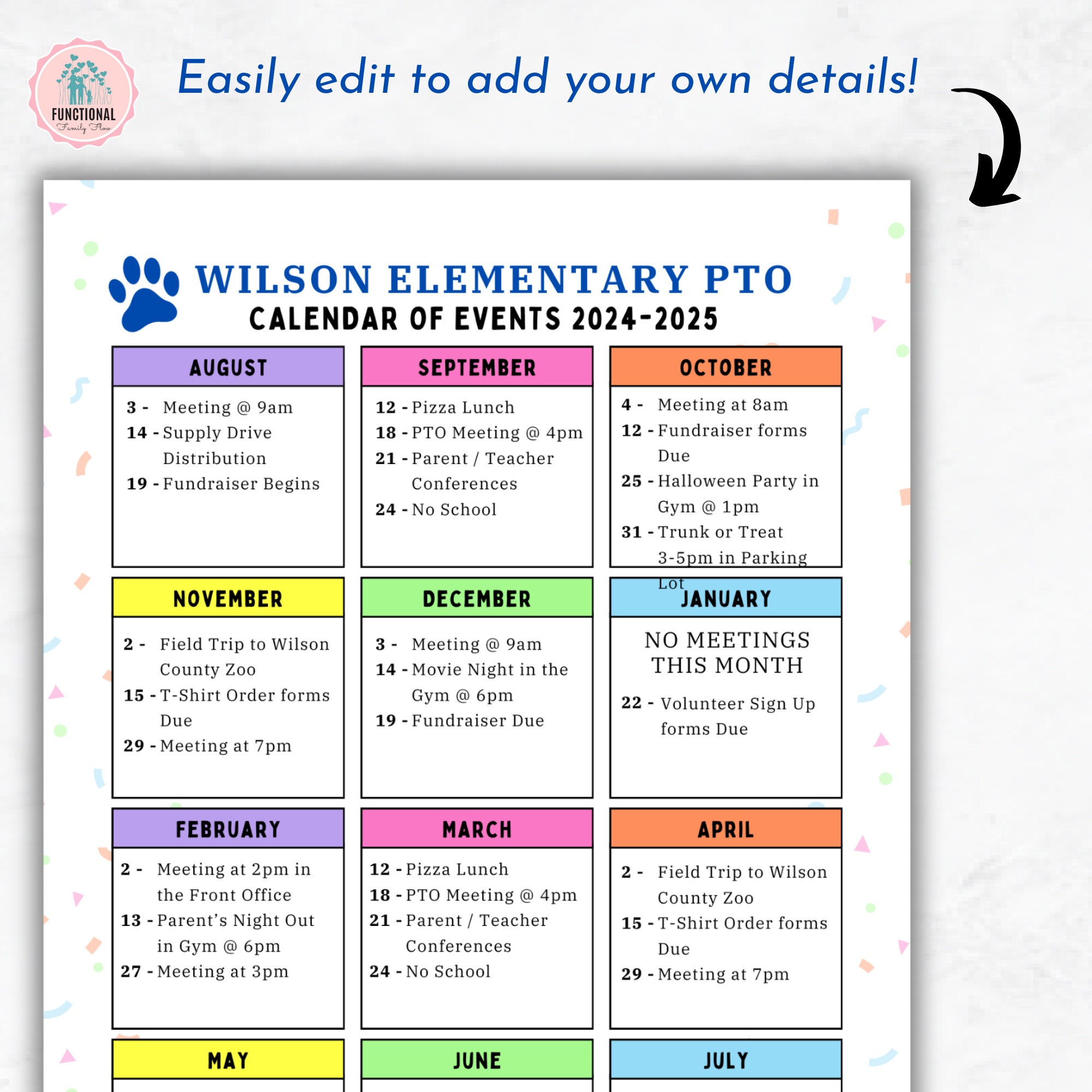 PTO Yearly Calendar Template | Editable PTA Calendar of Events ...