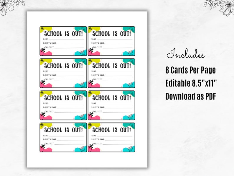 Editable Summer Contact Card End of School Cards for Kids - Etsy