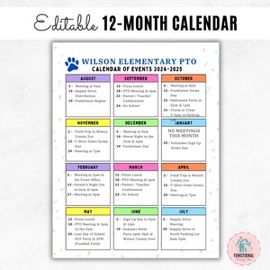 PTO Yearly Calendar Template | Editable PTA Calendar of Events | Customizable School Yearly ...