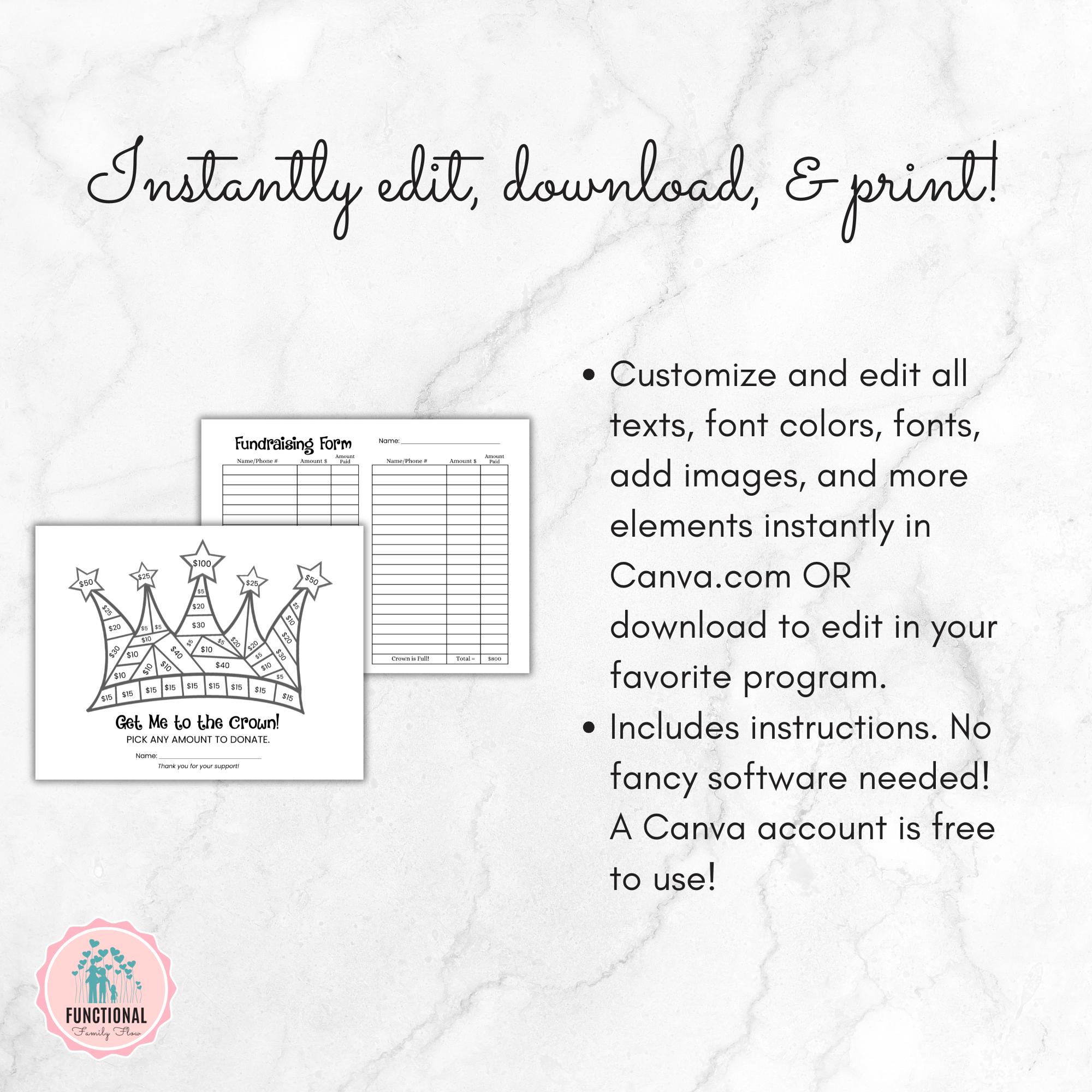 Pageant Fundraiser Form Template: Editable Printable Flyer (11x8.5 ...