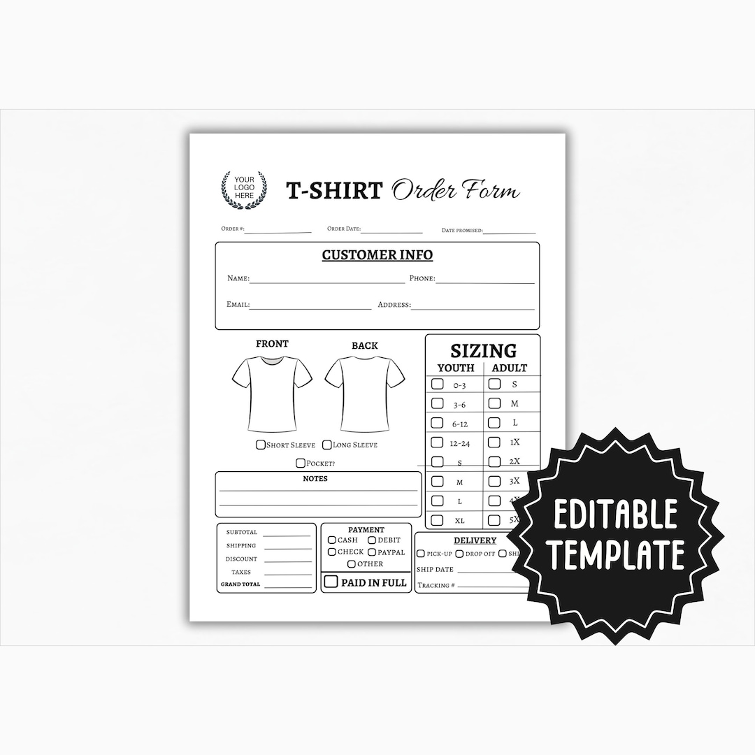 Editable T-shirt Order Form | Tshirt Order Template | Custom T Shirt ...