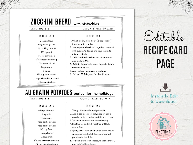 Recipe Card Template Editable Recipe Cards Recipe Page - Etsy