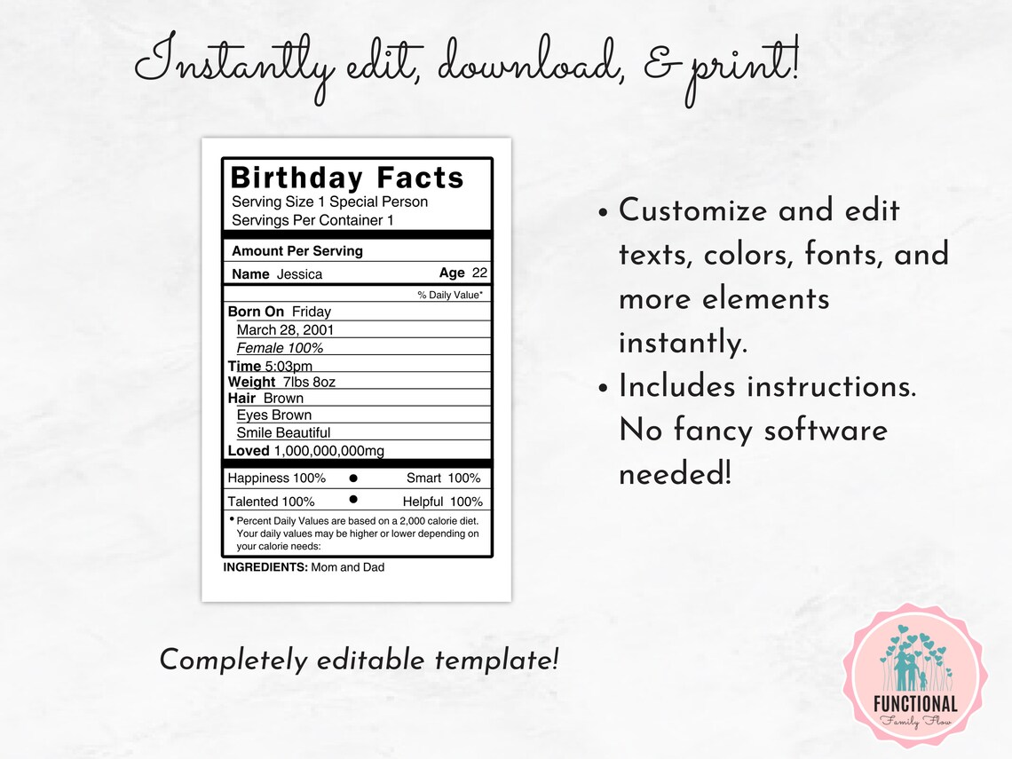 Editable Birthday Nutrition | Nutrition Facts | Nutrition Label ...