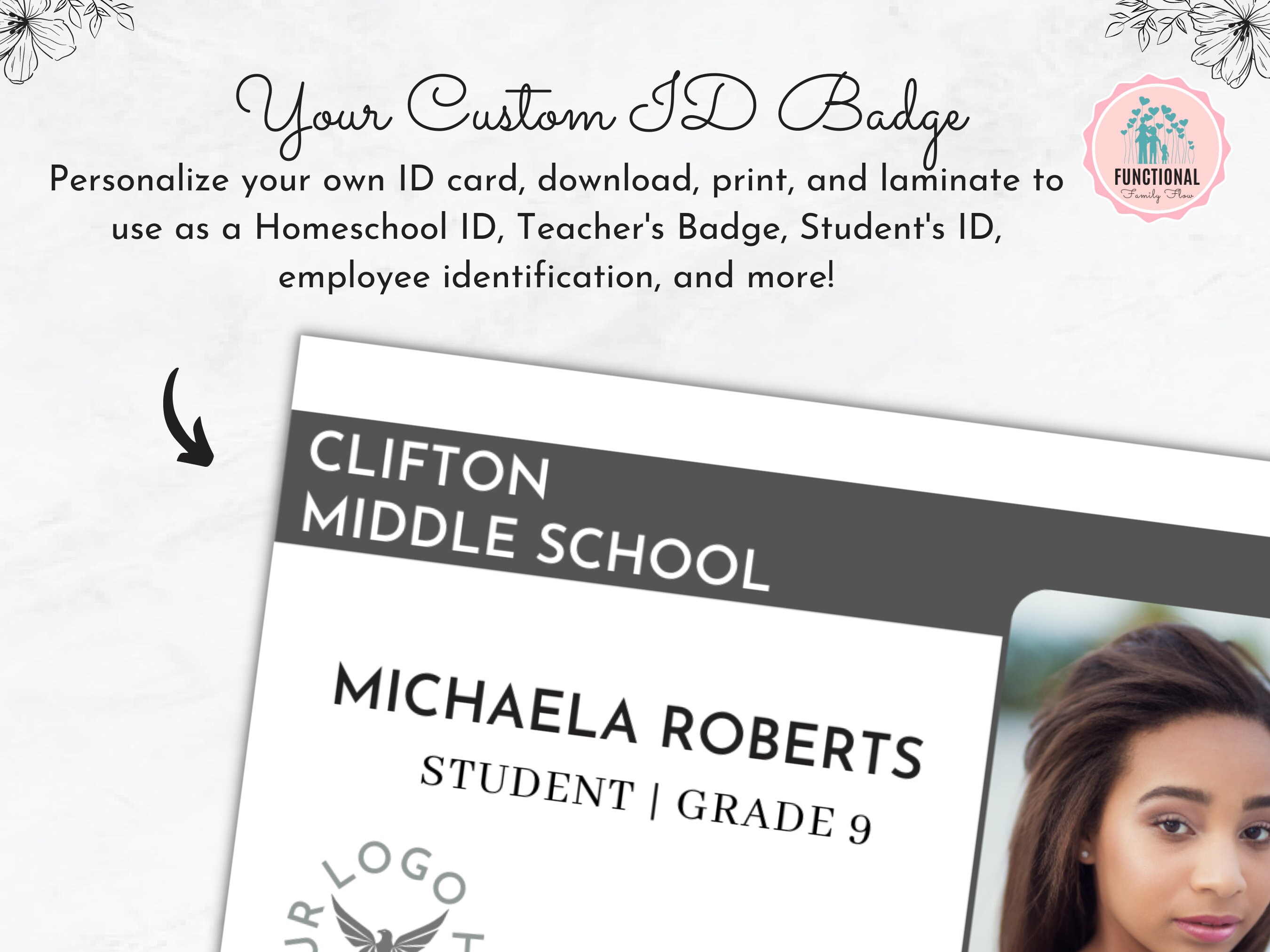 ID Card Template | Horizontal Custom ID Badge | Printable Student ID ...