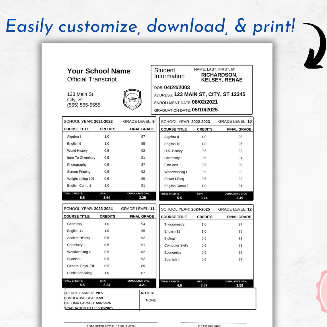 High School Transcript Template | Editable Homeschool Transcript ...