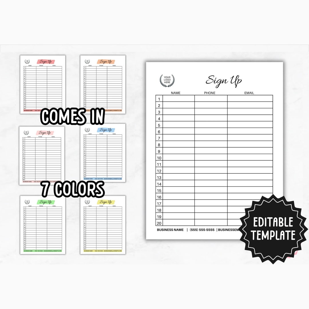 Editable Sign up Sheet Template | Printable Sign up Form | Sign up ...
