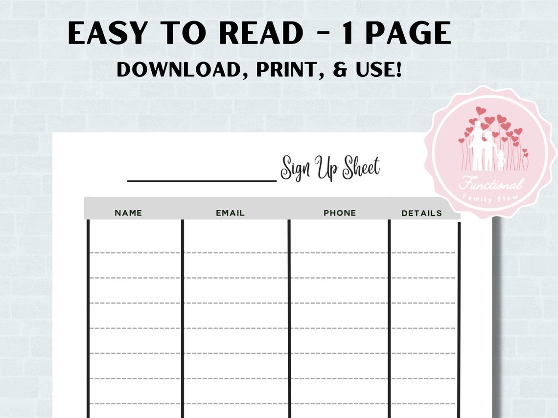 Printable Sign up Sheet PDF Sign up Template Contact Sheet - Etsy