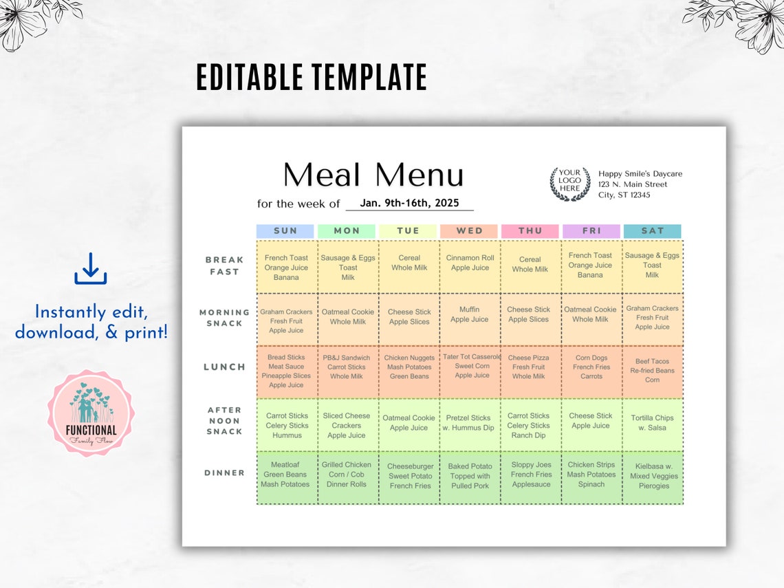 Daycare Weekly Menu Template Editable Home Daycare Daily - Etsy