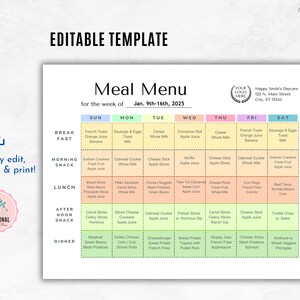Daycare Weekly Menu Template | Editable Home Daycare Daily Schedule ...