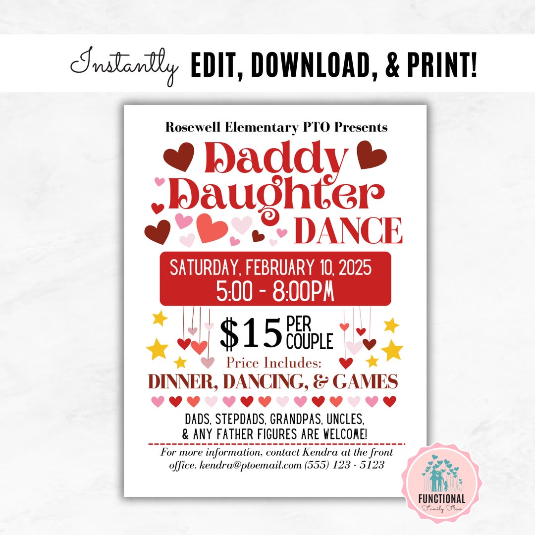Daddy Daughter Dance Flyer Template Editable School Dance Fundraiser ...