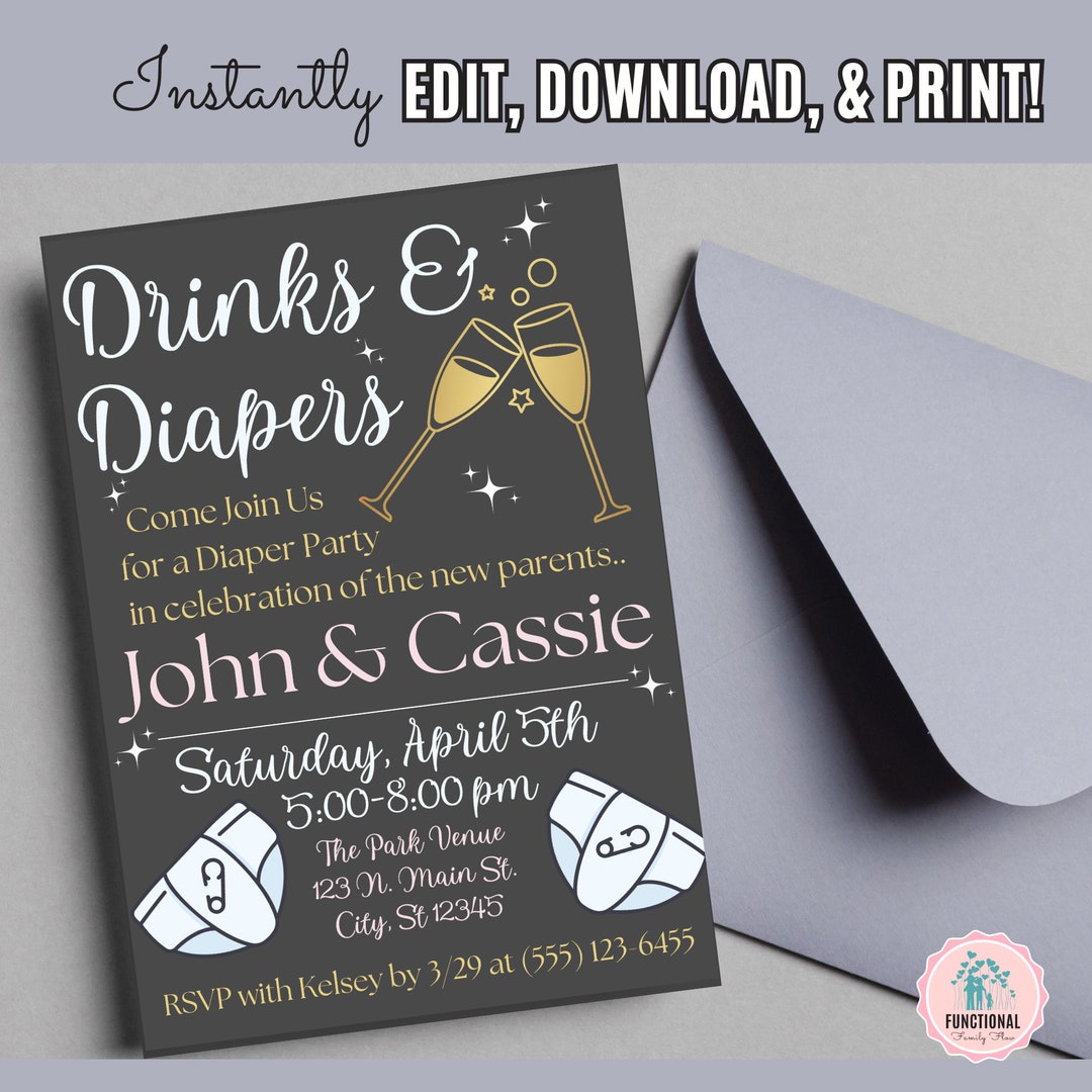Diapers & Drinks Invitation Template Editable Diaper Party Invitation ...