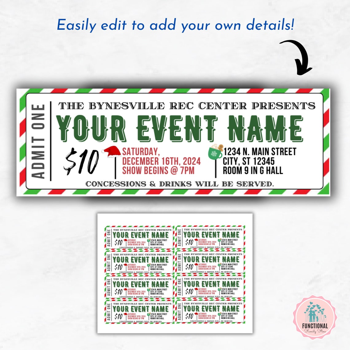 Christmas Event Ticket Template | Editable Holiday Even Ticket ...