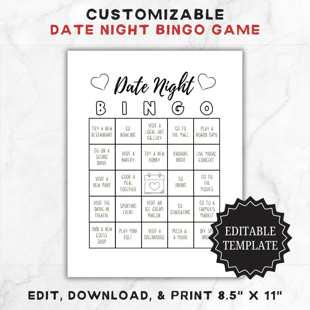 Date Night Bingo Game Template | Editable Couples Game | Printable Date ...