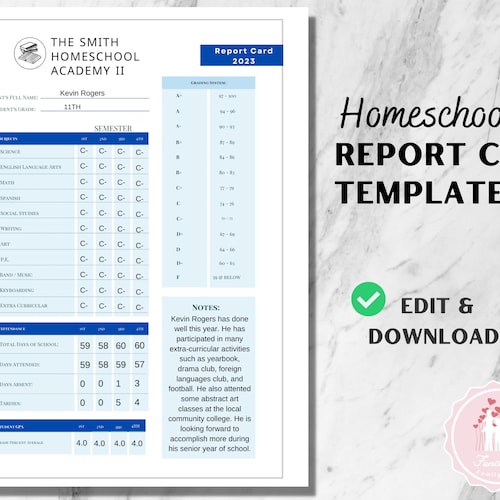 Editable Homeschool Report Card Template Homeschool Grade - Etsy