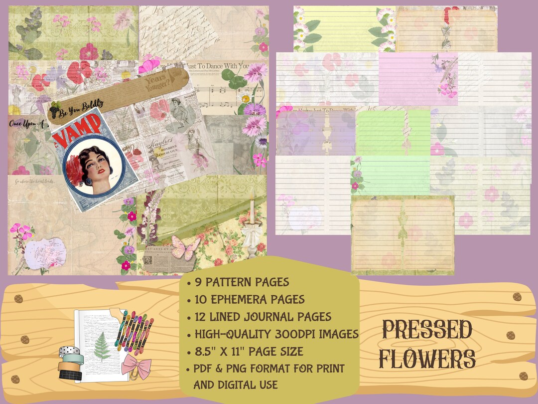 Pressed Flowers Digital Junk Journal Kit, Printable Junk Journal ...