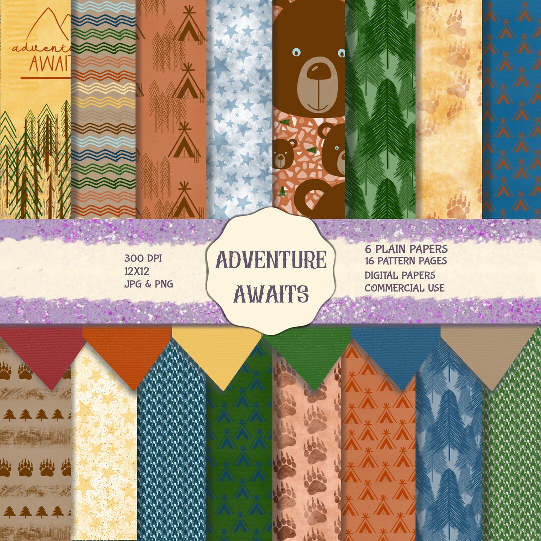 Adventure Awaits Digital Paper Pack, Rustic Digital Paper, Woodland ...