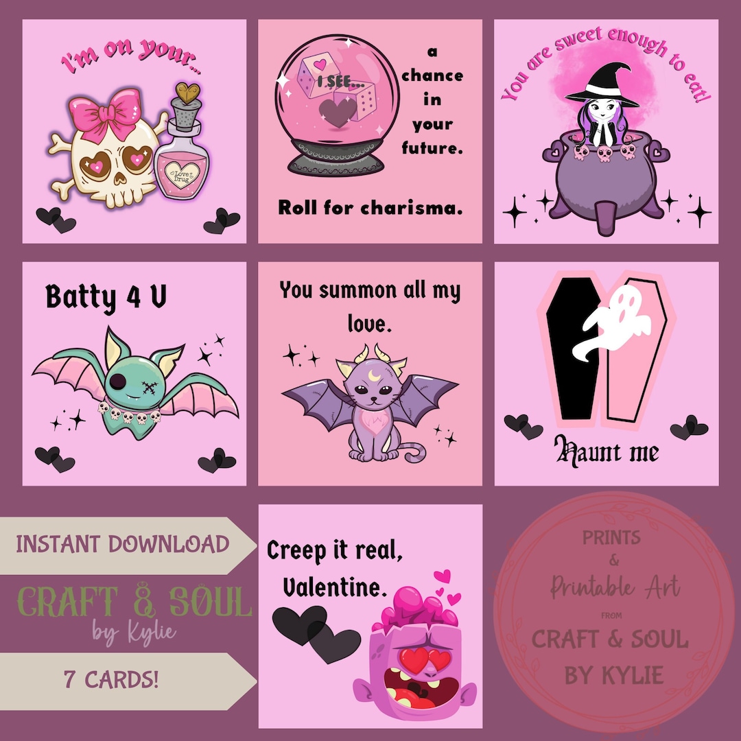 Instant Download Printable Spooky Valentine's Day Cards, Pastel Gothic ...