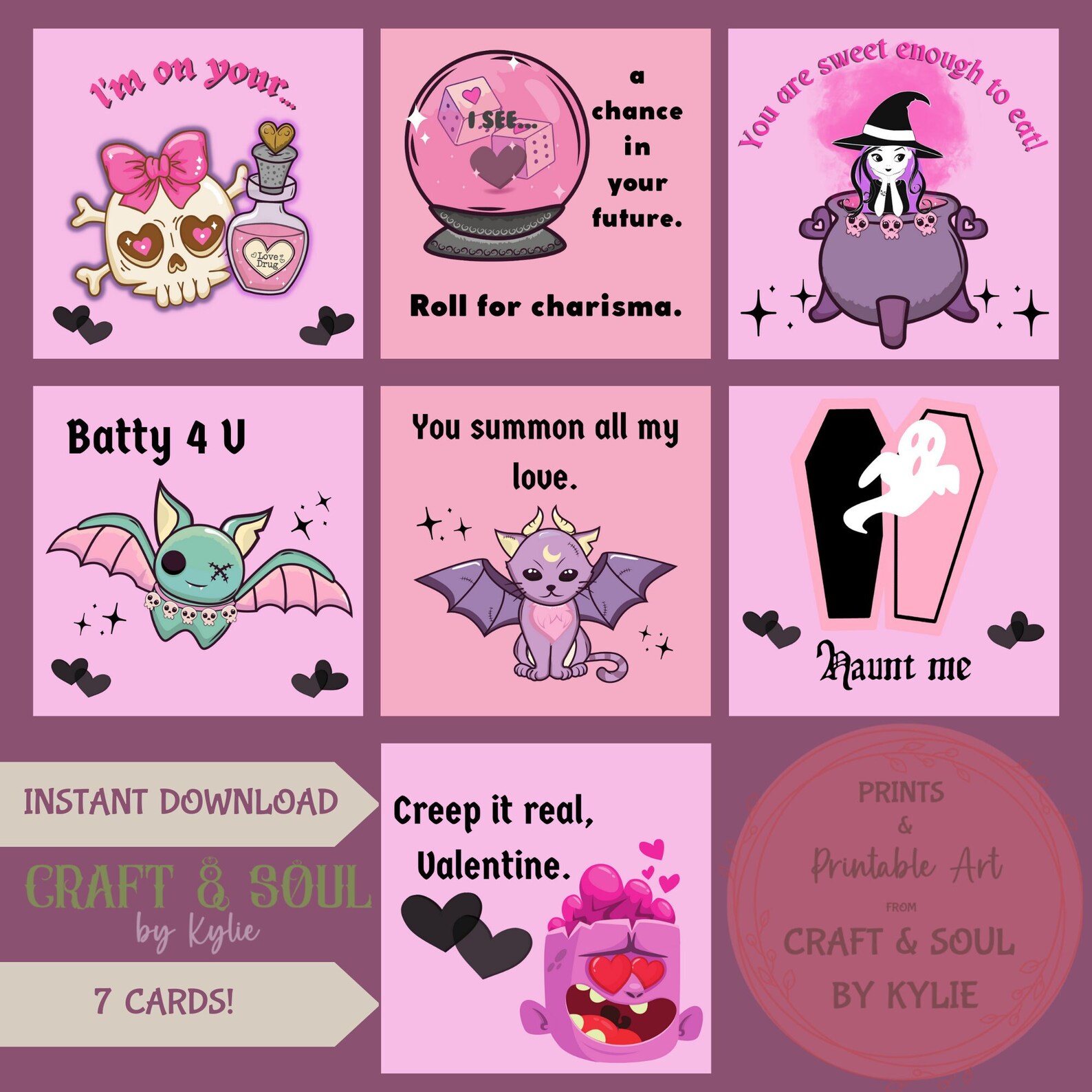 Instant Download Printable Spooky Valentine's Day Cards, Pastel Gothic ...