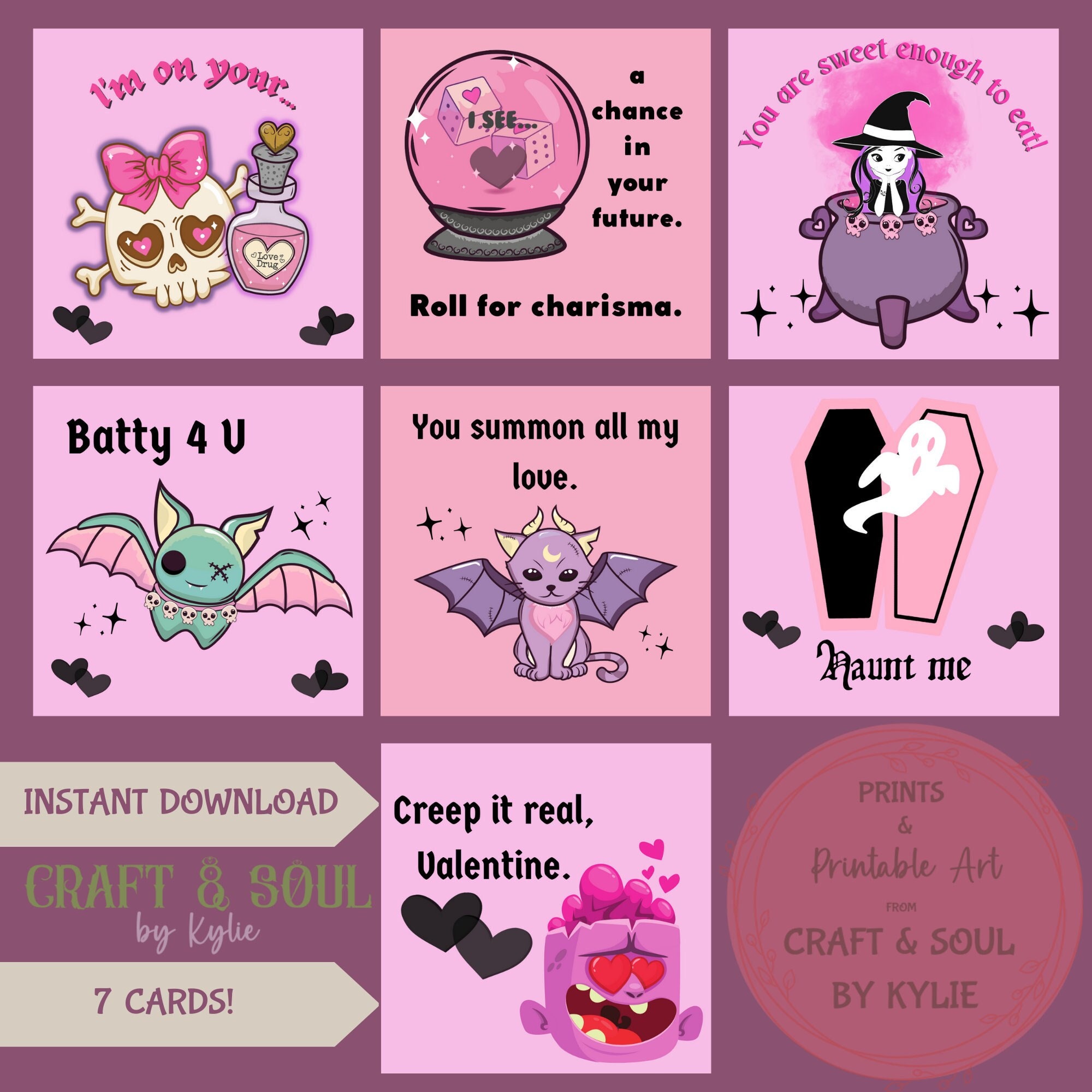 Instant Download Printable Spooky Valentine's Day Cards, Pastel Gothic ...