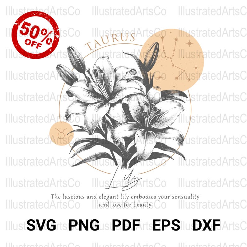 Taurus Zodiac Lily Flower Art Print, Elegant Botanical Illustration ...