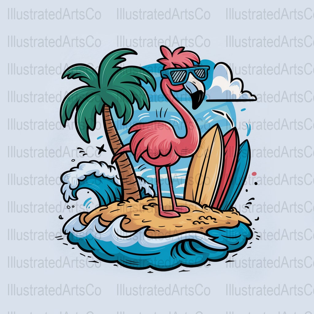 Tropical Flamingo Beach Art, Digital Download Illustration, Summer ...