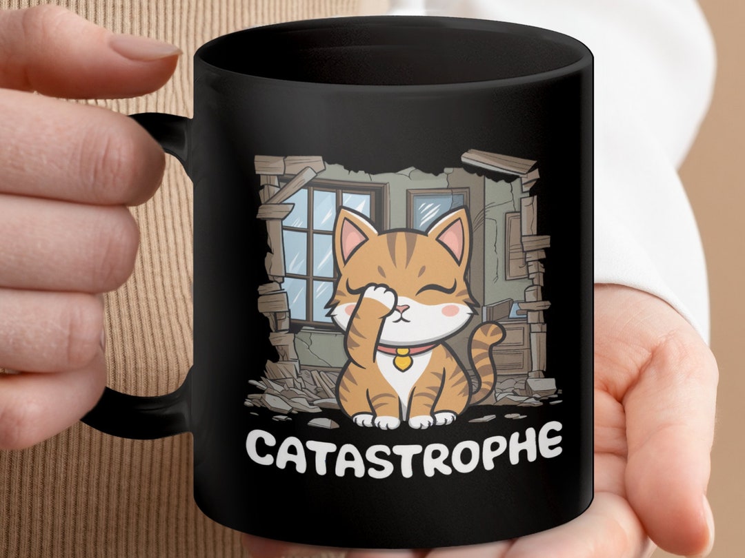 Cute Catastrophe Cat Mug, Funny Cat Illustration Mug, Cute Cat Facepalm ...