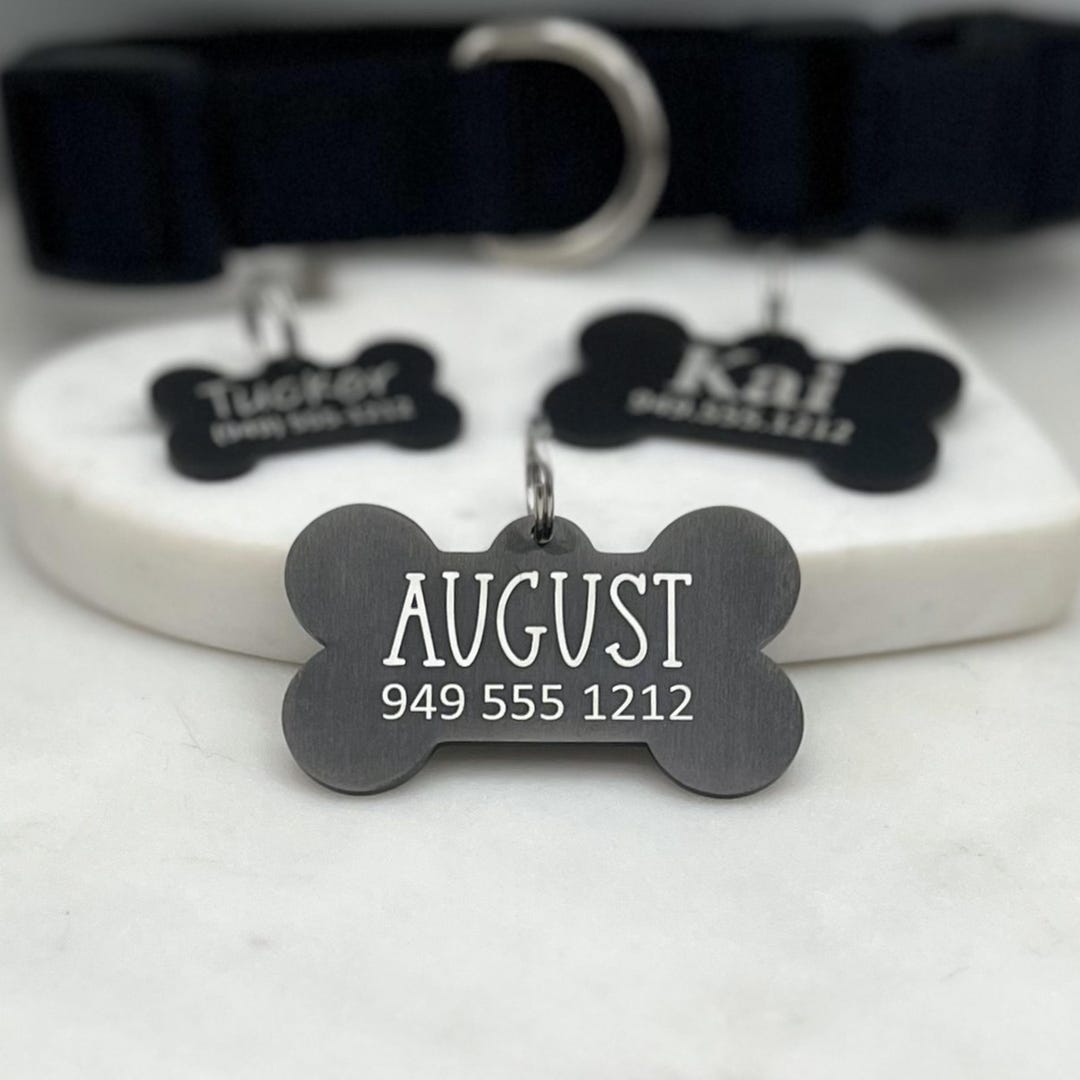 Dog Bone Engraved Dog Tag • Black Dog Tag Stainless Steel • Dog Name ...