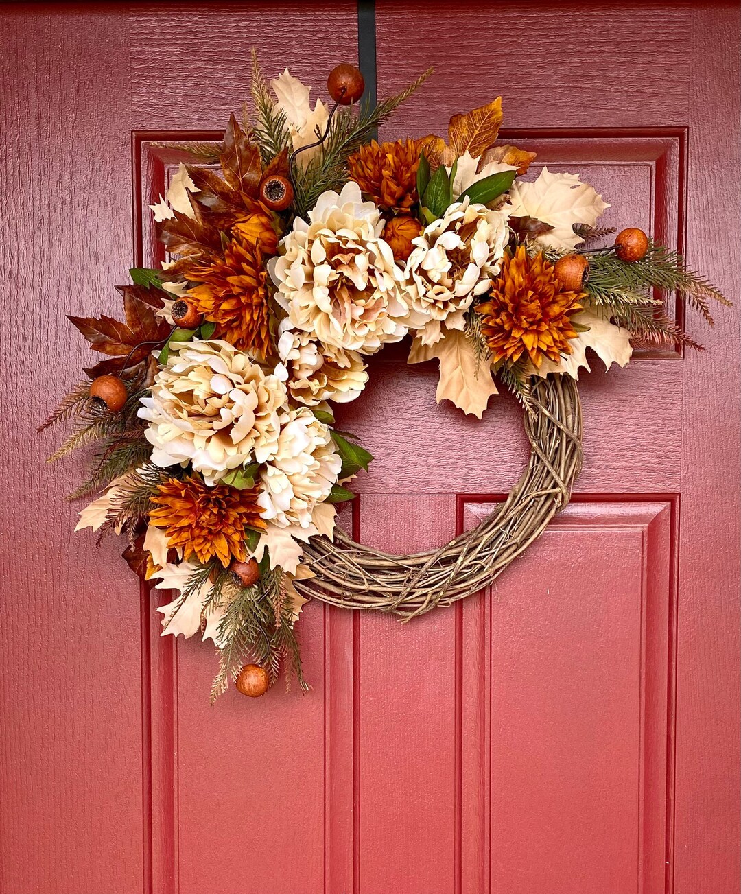Beige and Rust Fall Front Door Wreath, Thanksgiving Fall Leaves and ...