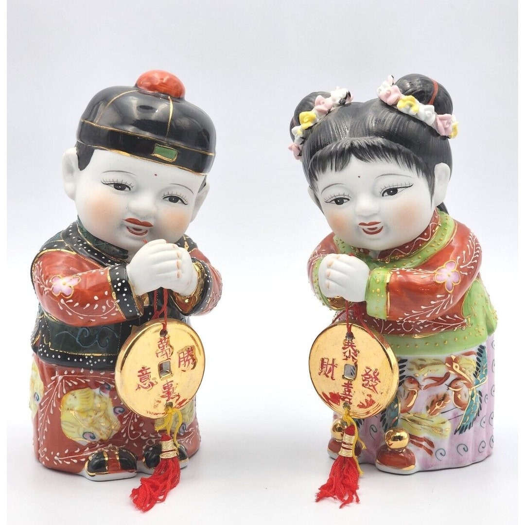 RARE Golden Boy and Jade Girl Chinese Porcelain Lucky Children With ...
